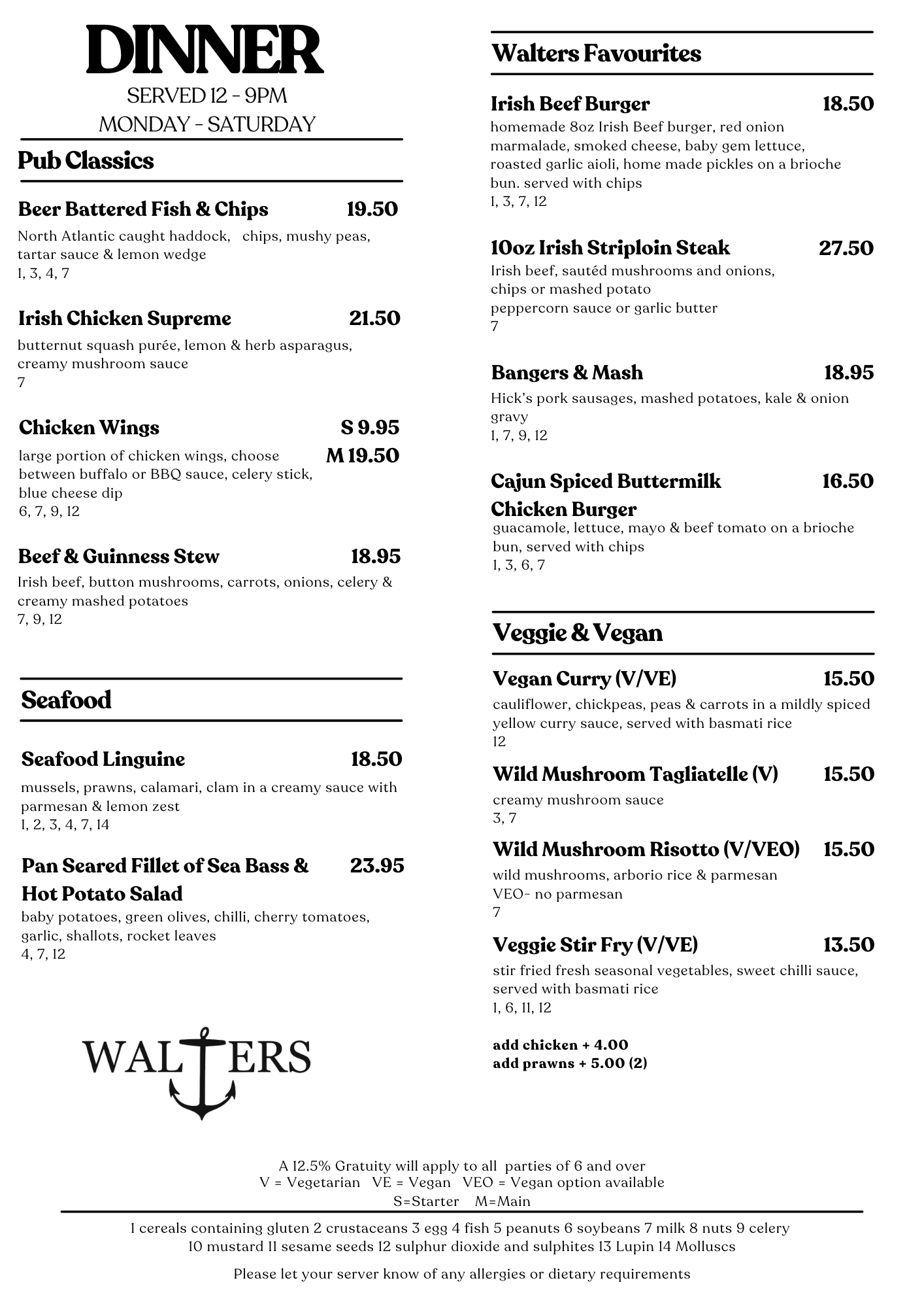DINNER MENU - Walters Pub Dún Laoghaire